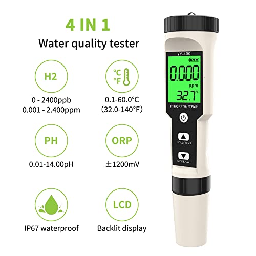 RCYAGO PH Meter, 4-in-1 Digital PH ORP H2 Temp Meter with ATC, 0.01 Resolution High Accuracy PH Tester for Drinking Water Hydroponics Aquariums Swimming Pool Laboratory