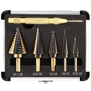 lockwish 5pcs hss step drill bit & automatic center punch,high speed steel drill bit set(black)