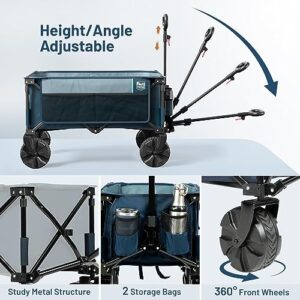 TIMBER RIDGE Outdoor Collapsible Wagon Utility Folding Cart Heavy Duty All Terrain Wheels for Shopping Camping Garden with Side Bag and Cup Holders, Navy