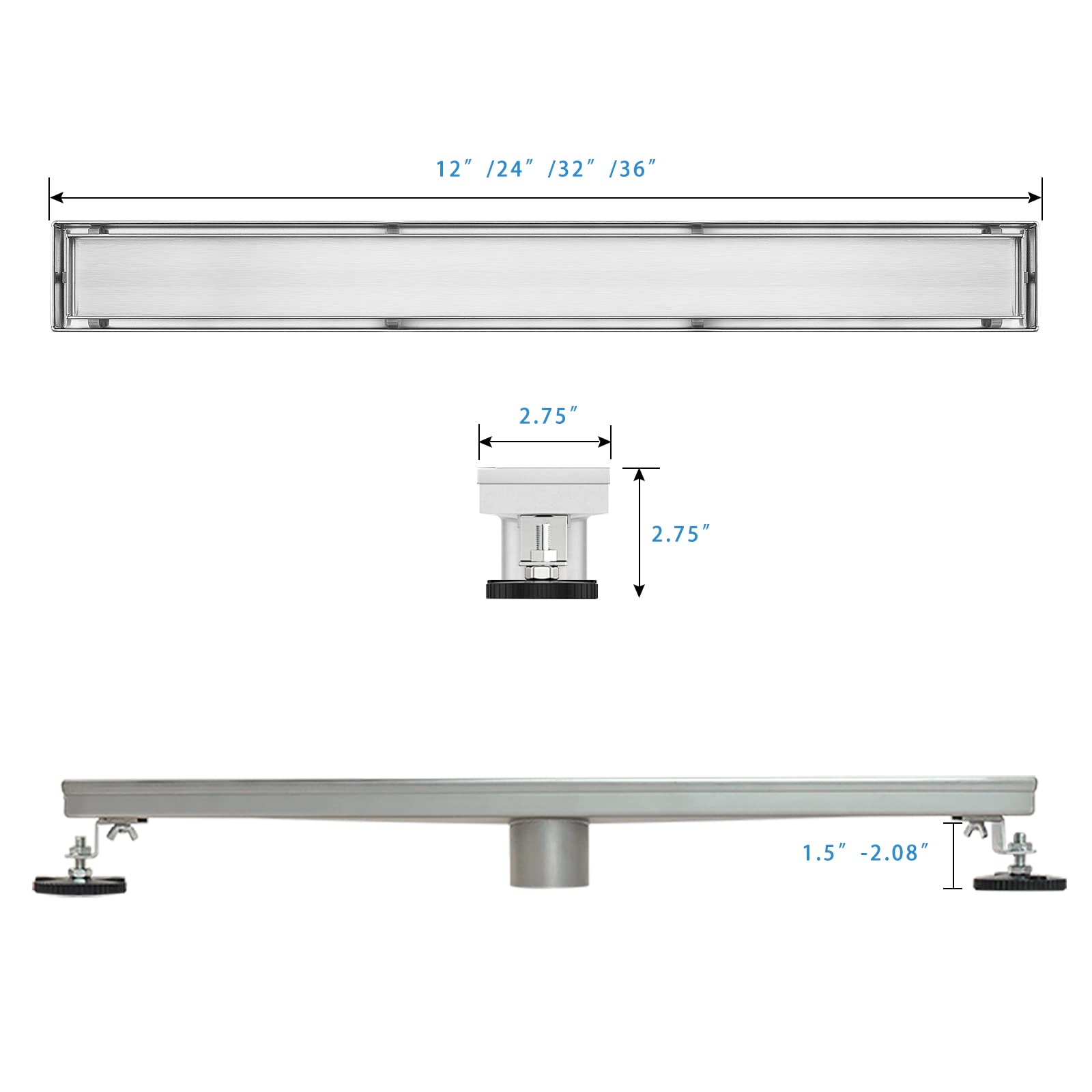 Elefloom Linear Shower Drain, Shower Drain 24 inch with 2-in-1 Tile Insert Cover, Brushed AISI 304 Stainless Steel Shower Floor Drain, Shower Drain with Hair Catcher and Adjustable Feet