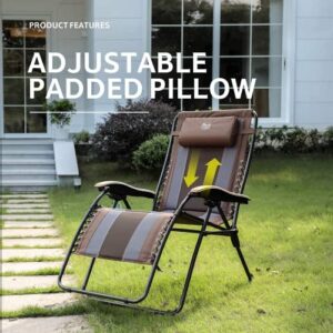 TIMBER RIDGE Outdoor Reclining Patio Padded with Adjustable Headrest and Cup Holder Foldable Zero Gravity Lawn Chair XL for Adults, Support up to 350 LBS, Brown,1 Count