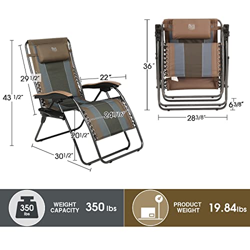 TIMBER RIDGE Outdoor Reclining Patio Padded with Adjustable Headrest and Cup Holder Foldable Zero Gravity Lawn Chair XL for Adults, Support up to 350 LBS, Brown,1 Count