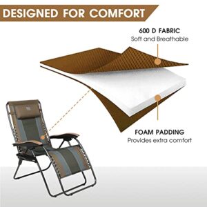 TIMBER RIDGE Outdoor Reclining Patio Padded with Adjustable Headrest and Cup Holder Foldable Zero Gravity Lawn Chair XL for Adults, Support up to 350 LBS, Brown,1 Count