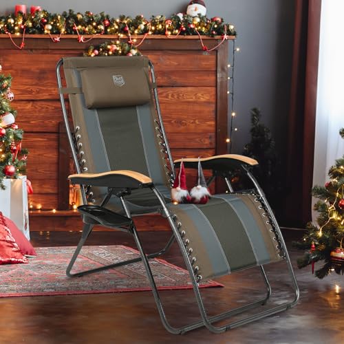 TIMBER RIDGE Outdoor Reclining Patio Padded with Adjustable Headrest and Cup Holder Foldable Zero Gravity Lawn Chair XL for Adults, Support up to 350 LBS, Brown,1 Count