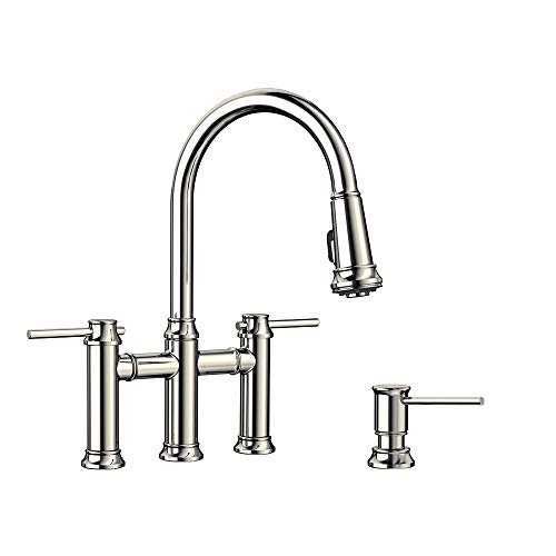 BLANCO KF-442506 Empressa Pull-Down Bridge Kitchen Faucet with Soap Dispenser, Polished Nickel