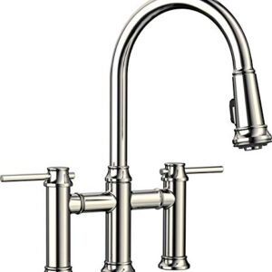 BLANCO KF-442506 Empressa Pull-Down Bridge Kitchen Faucet with Soap Dispenser, Polished Nickel