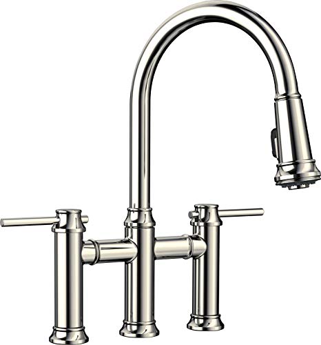 BLANCO KF-442506 Empressa Pull-Down Bridge Kitchen Faucet with Soap Dispenser, Polished Nickel