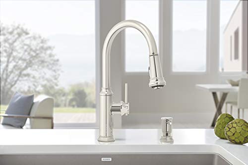 BLANCO KF-442506 Empressa Pull-Down Bridge Kitchen Faucet with Soap Dispenser, Polished Nickel