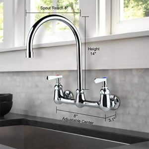 COOLWEST Commercial Wall Mount Faucet 8 Inch Center with 8" Gooseneck Swivel Spout, 2 Handles Heavy Duty Brass Kitchen Sink Faucet, Chrome Finish