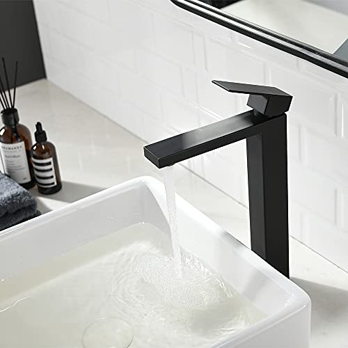 Friho Single Handle Matte Black Tall Bathroom Vessel Sink Faucet, Modern Bathroom Vanity Faucets Vessel Basin Mixer Tap Bathroom Sink Faucet with Drain Pop up&Water Hoses