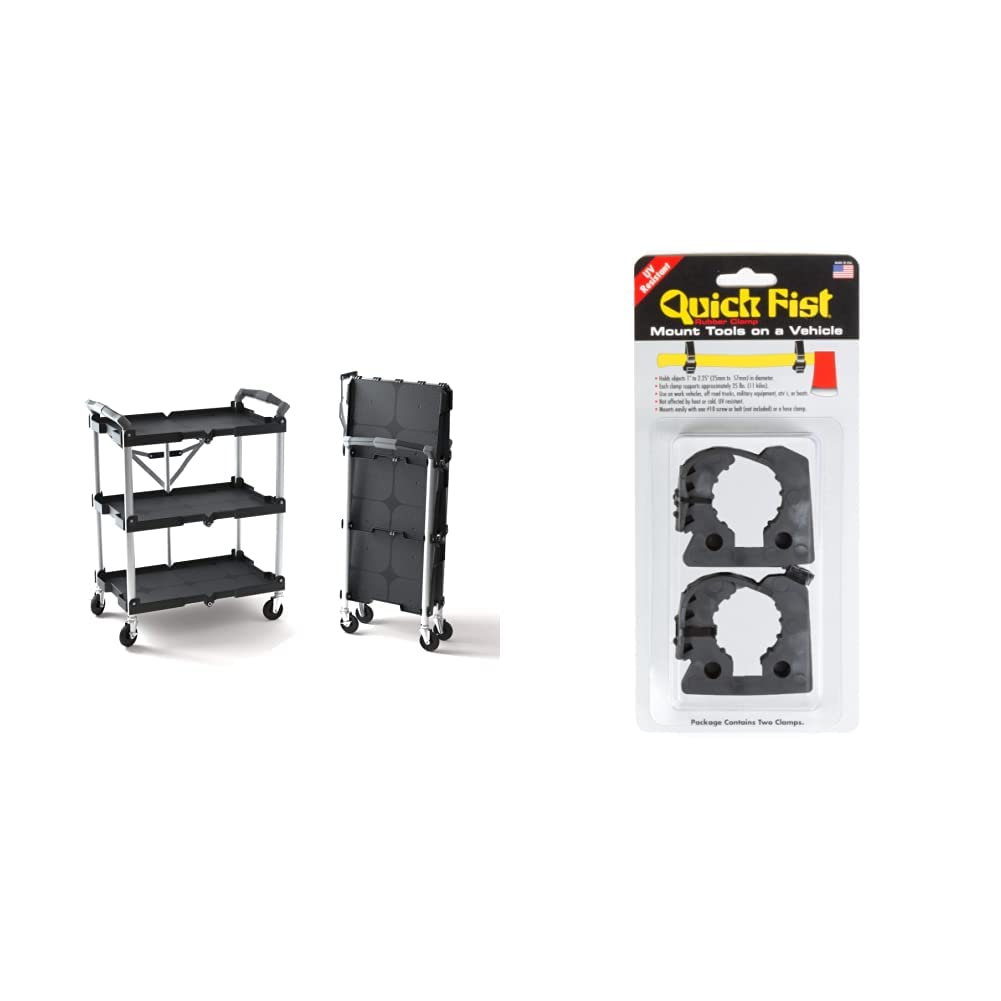 Olympia Tools Pack-N-Roll Folding Collapsible Service Cart, Black, 50 Lb. Load Capacity per Shelf & END of Road Original Quick Fist Clamp for mounting Tools & Equipment 1" - 2-1/4" Diameter