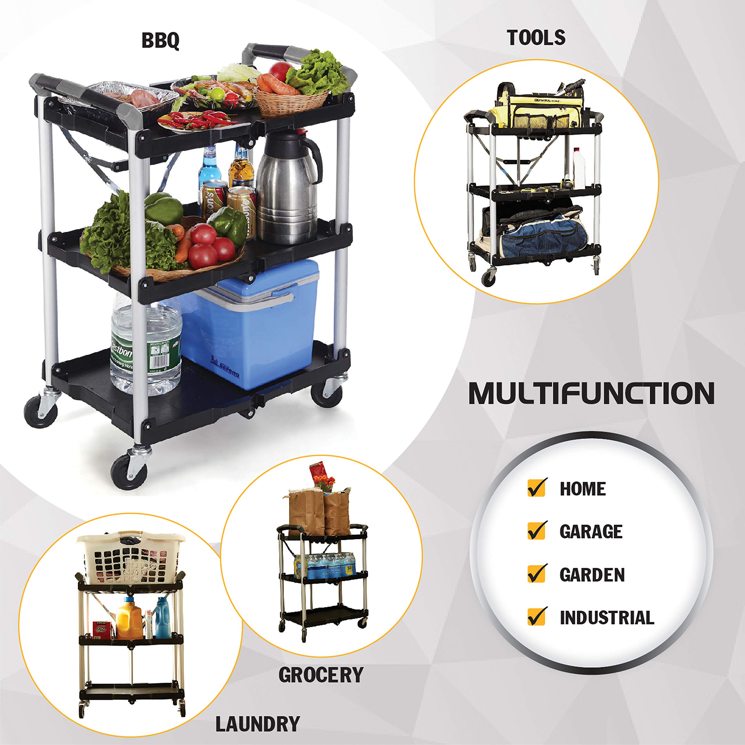 Olympia Tools Pack-N-Roll Folding Collapsible Service Cart, Black, 50 Lb. Load Capacity per Shelf & END of Road Original Quick Fist Clamp for mounting Tools & Equipment 1" - 2-1/4" Diameter