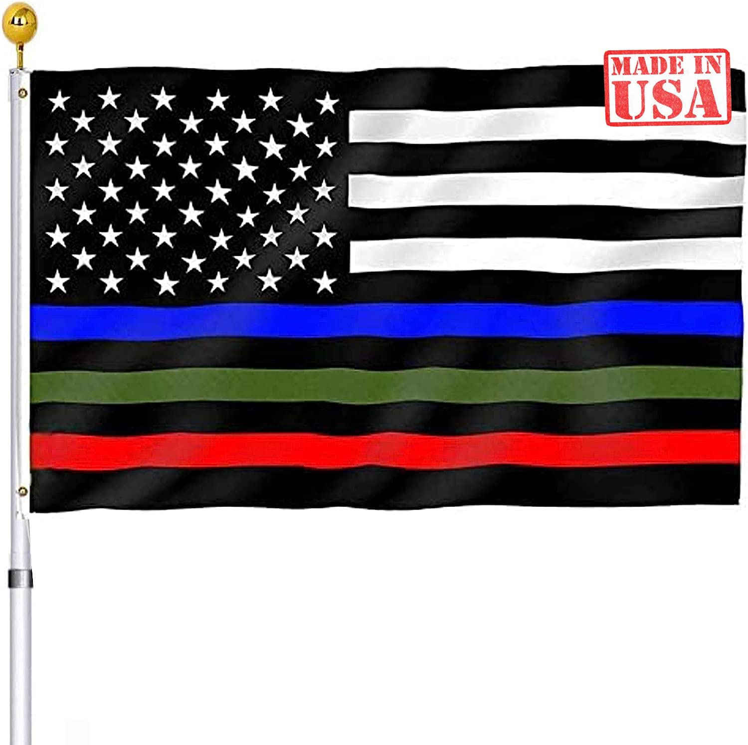 Thin Blue Red Green Line American Flag 3x5 Outdoor- Heavy Duty Police Firefighter Military Army Fireman USA Flags Blue Red Green Lives Matter Stripe Flag with Grommets