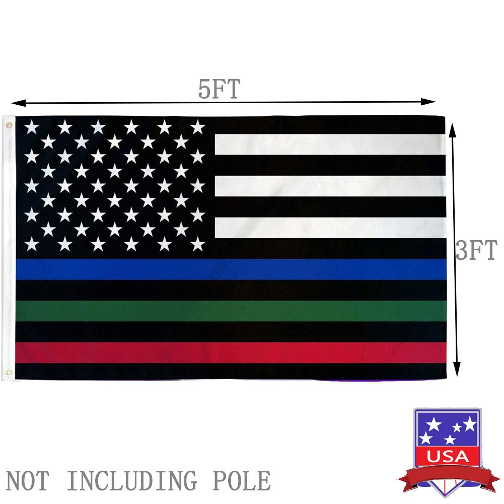 Thin Blue Red Green Line American Flag 3x5 Outdoor- Heavy Duty Police Firefighter Military Army Fireman USA Flags Blue Red Green Lives Matter Stripe Flag with Grommets