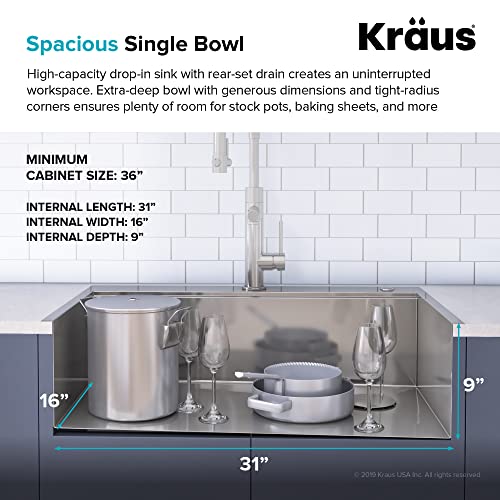 KRAUS KWT310-33/18 Kore Workstation 33-inch Drop-In 18 Gauge Single Bowl Stainless Steel Kitchen Sink with Integrated Ledge and Accessories