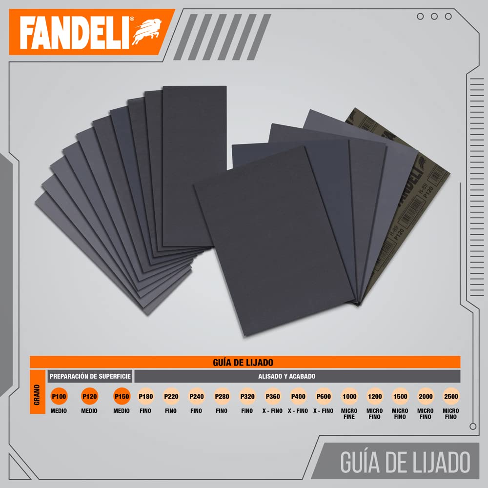 Fandeli | Waterproof Sandpaper | Assortment of Grits from 120 to 2500 | 36 Sheets 23 x 9,3 cm | for Car Polishing, Wood Furniture Sanding and Metal Sanding | Water Resistant