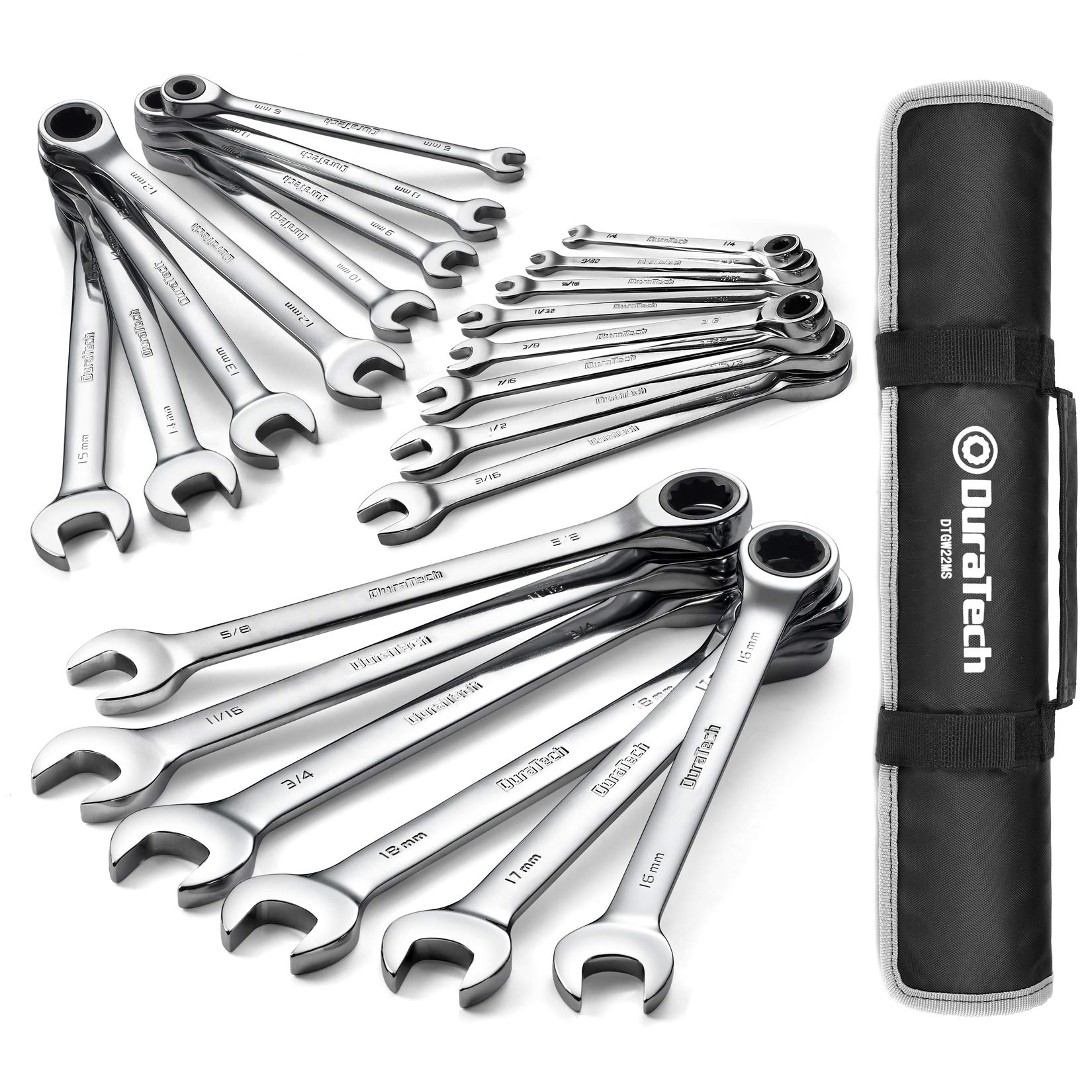 DURATECH Ratcheting Wrench Set, Combination Wrench Set, SAE & Metric, 22-piece, 1/4" to 3/4" & 6-18mm, CR-V Steel, with Pouch