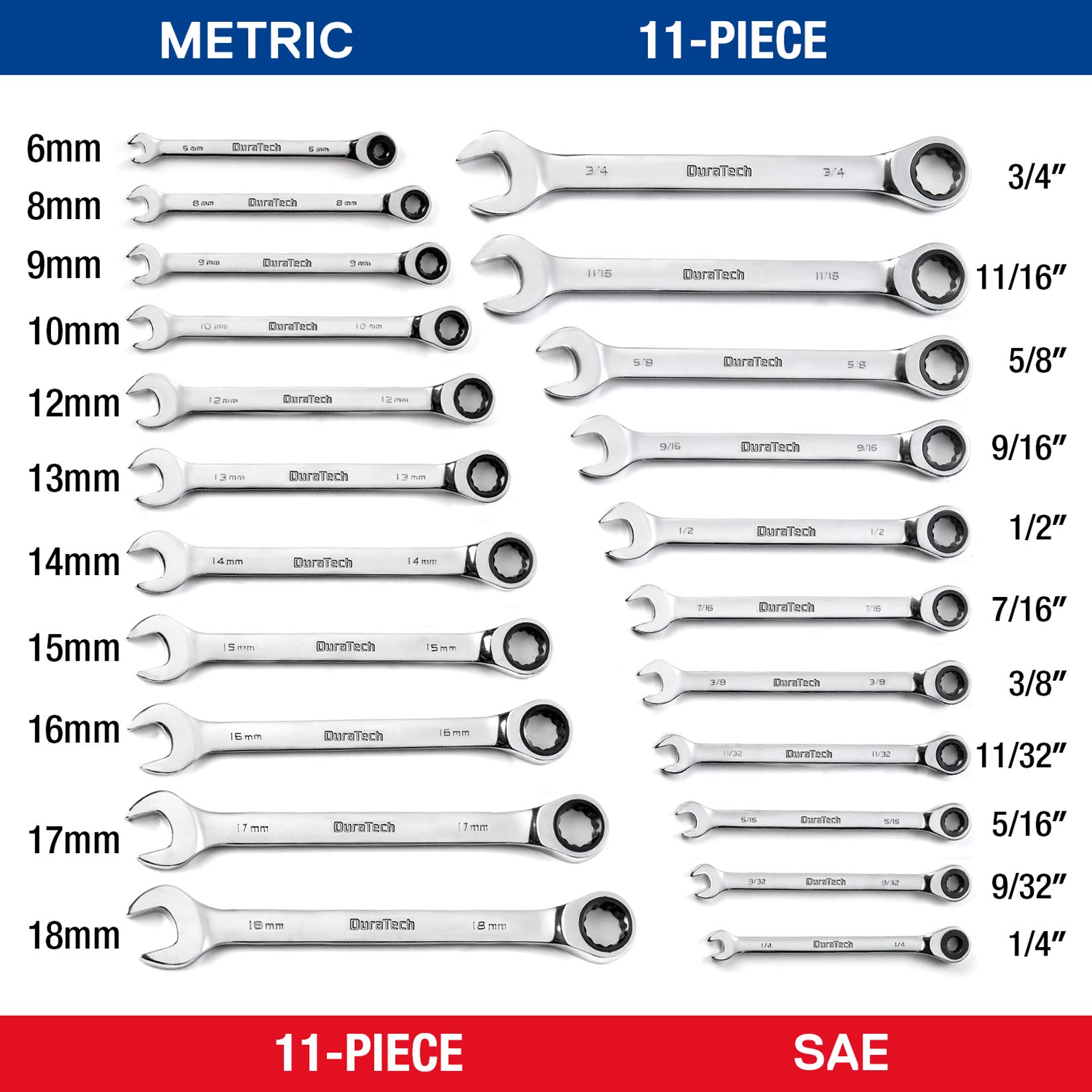 DURATECH Ratcheting Wrench Set, Combination Wrench Set, SAE & Metric, 22-piece, 1/4" to 3/4" & 6-18mm, CR-V Steel, with Pouch