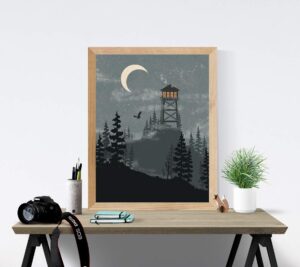 forest wilderness art print - 18 x 24 nature woods trees landscape unframed artwork night sky lookout tower crescent moon outdoor inspiration poster calming peaceful national park decor