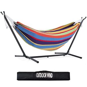 outdoor wind 550lbs capacity double hammock adjustable hammock bed with 10ft heavy duty steel stand includes portable carrying case, easy set up