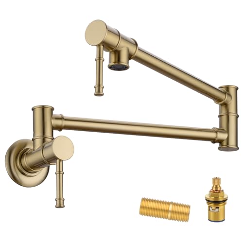 Gold Pot Faucet Pot Filler Faucet Wall Mounted, Lead-Free Solid Brass Folding Stretchable Double Joint Swing Arm Extending Wall Hole Filler Kitchen Faucet Brushed Gold