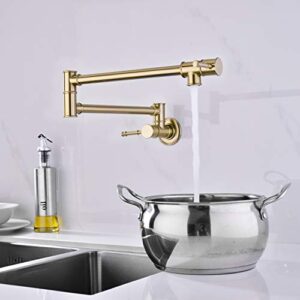 Gold Pot Faucet Pot Filler Faucet Wall Mounted, Lead-Free Solid Brass Folding Stretchable Double Joint Swing Arm Extending Wall Hole Filler Kitchen Faucet Brushed Gold