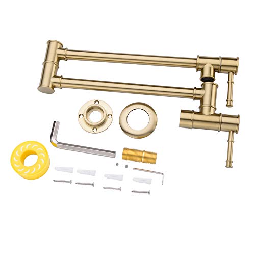 Gold Pot Faucet Pot Filler Faucet Wall Mounted, Lead-Free Solid Brass Folding Stretchable Double Joint Swing Arm Extending Wall Hole Filler Kitchen Faucet Brushed Gold