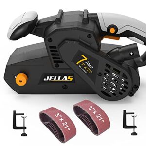 jellas 7amp belt sander 3 × 21-inch with dust bag, bench sander with variable-speed control, 2 in 1 vacuum adapter, 10 feet (3 meters) length power cord - bs750