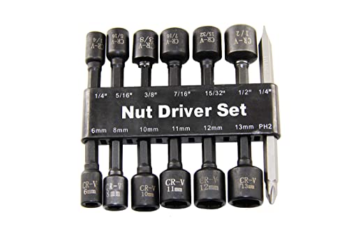 GOSWIFT 14PCS Magnetic Power Nuts Driver Set for Impact Drill, Chrome Vanadium Steel, SAE and Metric, 1/4" Hex Head Drill Bit Set Screwdriver Socket Set