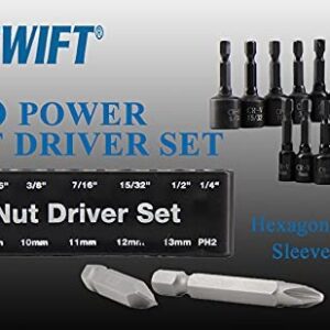 GOSWIFT 14PCS Magnetic Power Nuts Driver Set for Impact Drill, Chrome Vanadium Steel, SAE and Metric, 1/4" Hex Head Drill Bit Set Screwdriver Socket Set