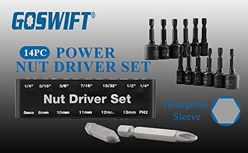 GOSWIFT 14PCS Magnetic Power Nuts Driver Set for Impact Drill, Chrome Vanadium Steel, SAE and Metric, 1/4" Hex Head Drill Bit Set Screwdriver Socket Set