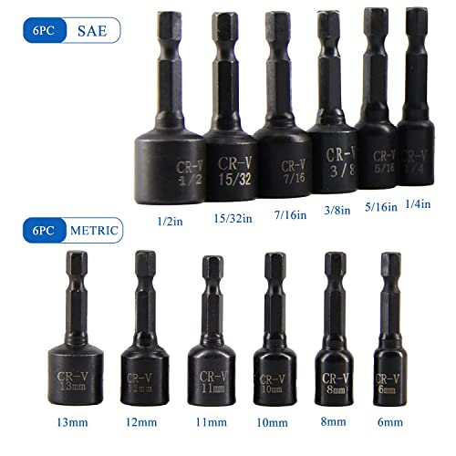 GOSWIFT 14PCS Magnetic Power Nuts Driver Set for Impact Drill, Chrome Vanadium Steel, SAE and Metric, 1/4" Hex Head Drill Bit Set Screwdriver Socket Set