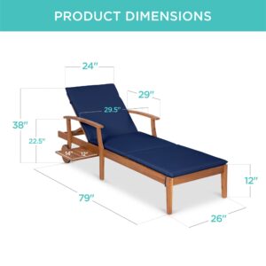 Best Choice Products 79x26in Acacia Wood Chaise Lounge Chair Recliner, Outdoor Furniture for Patio, Poolside w/Slide-Out Side Table, Foam-Padded Cushion, Adjustable Backrest, Wheels - Navy Blue