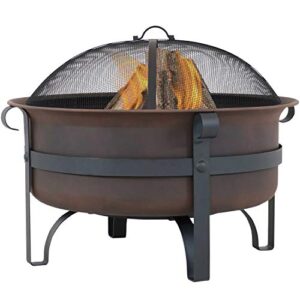 sunnydaze 29-inch bronze cauldron wood-burning fire pit bowl - includes portable poker and spark screen