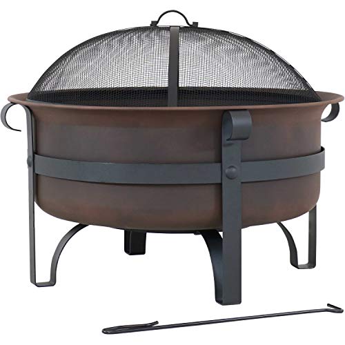 Sunnydaze 29-Inch Bronze Cauldron Wood-Burning Fire Pit Bowl - Includes Portable Poker and Spark Screen