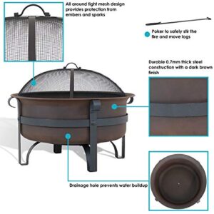 Sunnydaze 29-Inch Bronze Cauldron Wood-Burning Fire Pit Bowl - Includes Portable Poker and Spark Screen