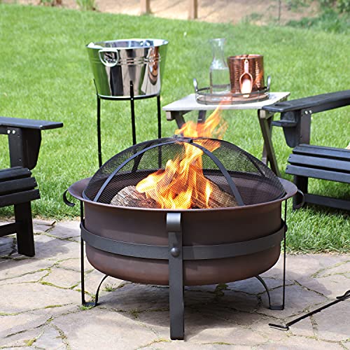 Sunnydaze 29-Inch Bronze Cauldron Wood-Burning Fire Pit Bowl - Includes Portable Poker and Spark Screen