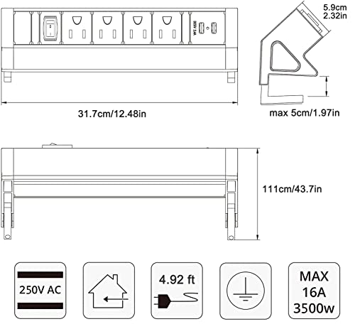 Desk Clamp Power Strip with 4-Outlet & 2 USB Ports, Desktop Power Outlet Clamp Mount Connect with 4.92ft Power Cord for Kitchen, Home, Office