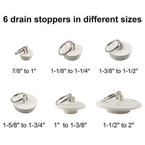 6 Pieces Drain Stopper, Rubber Sink Stopper Drain Plug with Pull Ring for Bathtub, Kitchen, Bathroom and Laundry Sink in 6 Different Sizes, White