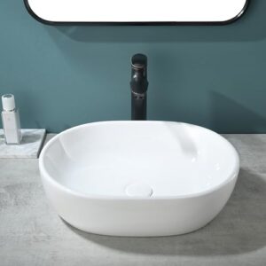 VESLA HOME 19"x14" Oval Vessel Sink, Ceramic Above Counter Bathroom Sink, Modern Art Basin White Bathroom Vessel Sink for Lavatory Vanity Cabinet