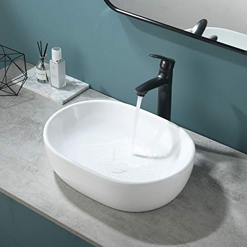 VESLA HOME 19"x14" Oval Vessel Sink, Ceramic Above Counter Bathroom Sink, Modern Art Basin White Bathroom Vessel Sink for Lavatory Vanity Cabinet