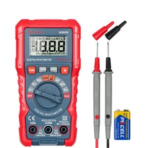 astroai m2k0r digital multimeter with dc ac voltmeter and auto ranging tester ; measures voltage, current, capacitance; tests live wire, continuity