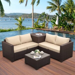 patio pe wicker furniture set 4 pieces outdoor brown rattan sectional conversation sofa chair with storage box table and khaki cushions