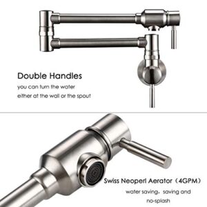 BAGNOLUX Pot Filler Faucet Stainless Steel, Wall Mount Pot Filler Commercial Traditional Kitchen Faucet Cold Water Only Double Lever Handle with Dual Joint Swing Arm Brass Stove Faucet, 23.4''