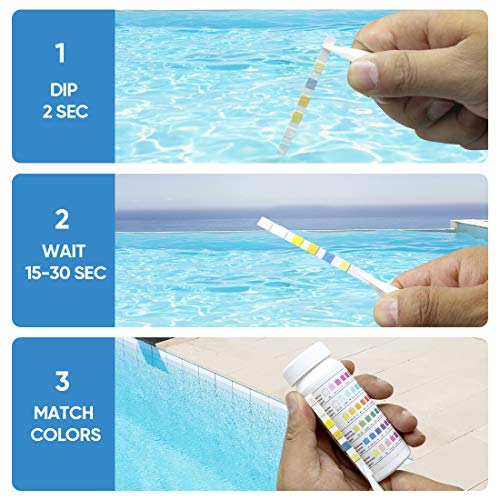 Swimming Pool Test Strips for Above Ground Pool, PH, Total Chlorine, Free Chlorine/Bromine, Total Alkalinity, Cyanuric Acid, Total Hardness Water Chemistry Spa and Hot tub Testing Strips 50PCS 6-Way