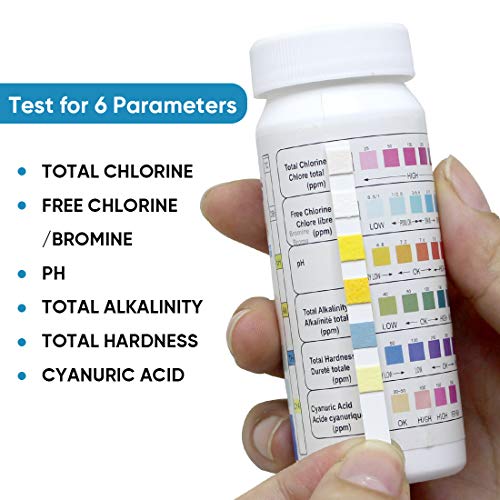 Swimming Pool Test Strips for Above Ground Pool, PH, Total Chlorine, Free Chlorine/Bromine, Total Alkalinity, Cyanuric Acid, Total Hardness Water Chemistry Spa and Hot tub Testing Strips 50PCS 6-Way