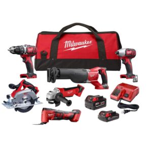 milwaukee m18 18-volt lithium-ion cordless combo kit (6-tool) with two batteries, charger and two tool bags