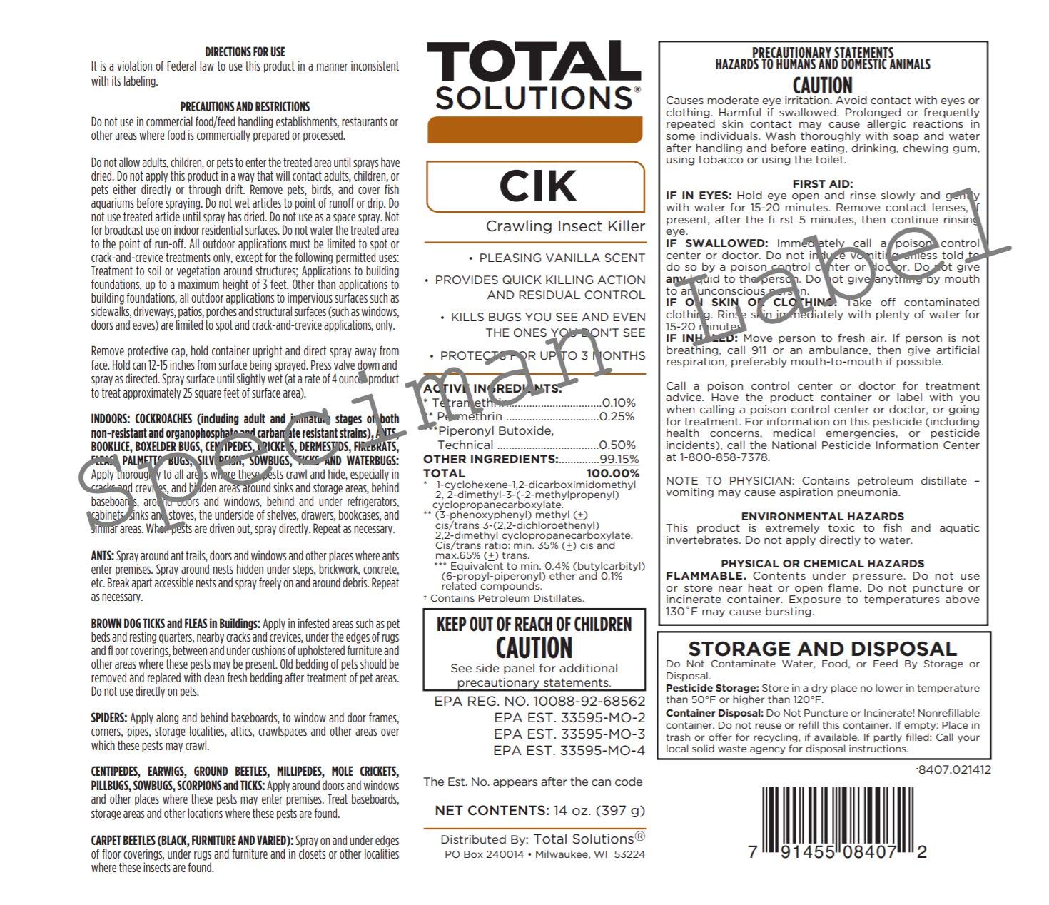 Total Solutions CIK Crawling Insect Killer (14 oz can) | Insecticide | Fast Knockdown and Residual Control of Crawling Insects