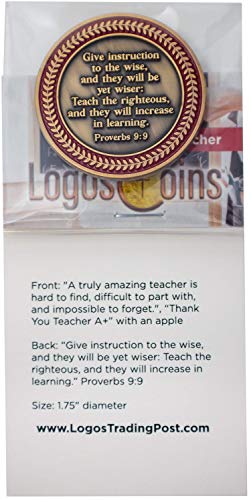 Teacher Appreciation Coin, Thank You Teacher Gift, Pass Along Pocket Token of Gratitude for Teachers and Educators, Antique Gold-Color Plated Proverbs 9:9 Challenge Coin