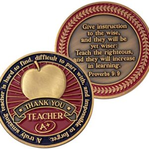 Teacher Appreciation Coin, Thank You Teacher Gift, Pass Along Pocket Token of Gratitude for Teachers and Educators, Antique Gold-Color Plated Proverbs 9:9 Challenge Coin